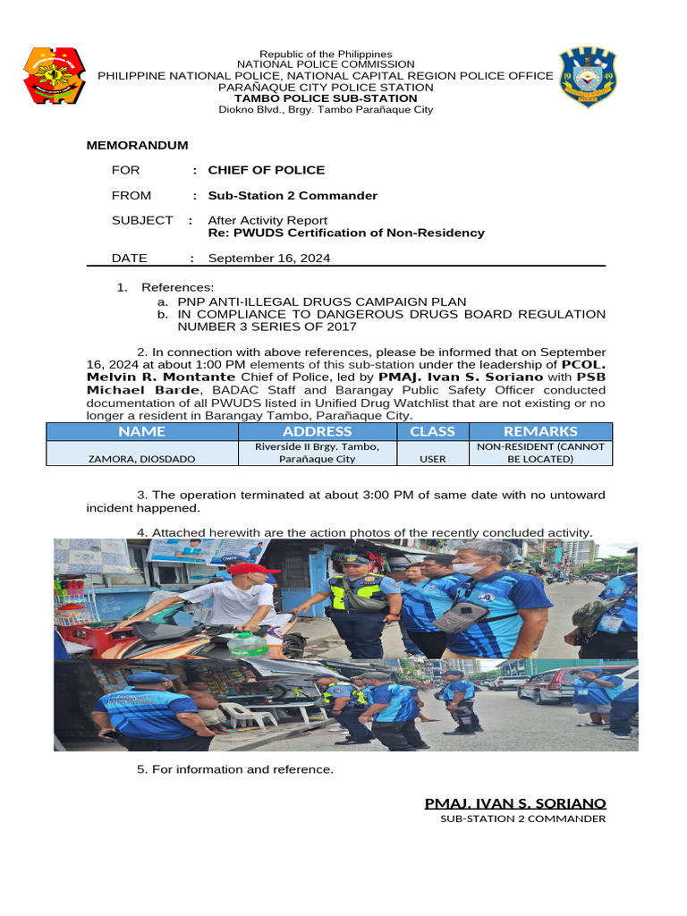 TAMBO PNP AAR Non-Resident Month of August 2024 | PDF