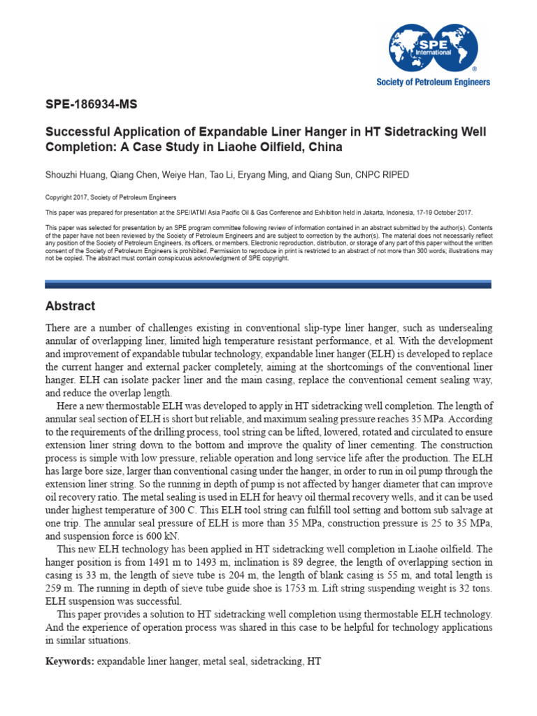 SPE-186934-MS Successful Application of Expandable Liner Hanger in HT Sidetracking Well ...