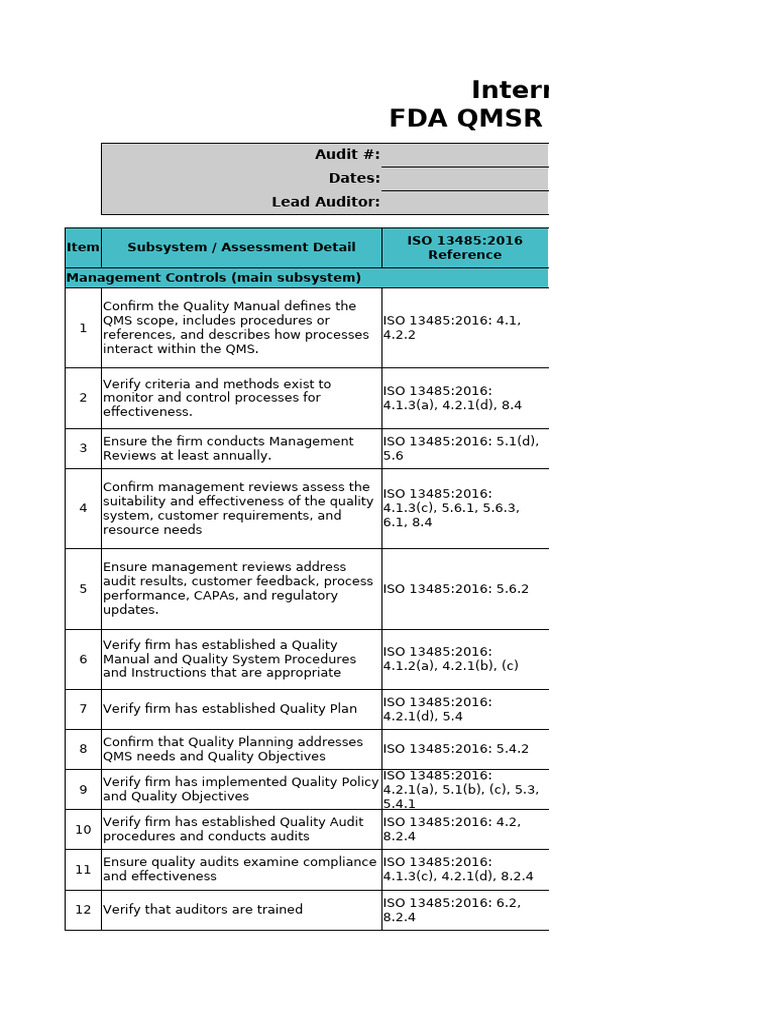 Internal Audit Checklist FDA QMSR, ISO 13485 QMS | PDF