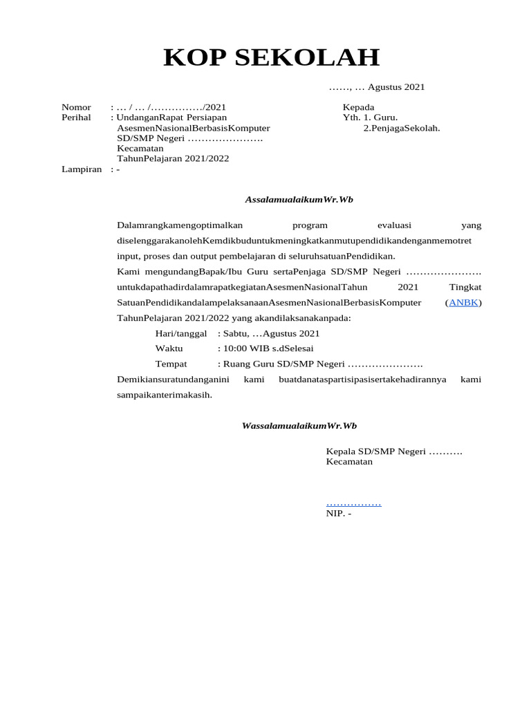 Undangan, Daftar Hadir, Notulen, Rapat Dan Berita Acara ANBK 2021 | PDF
