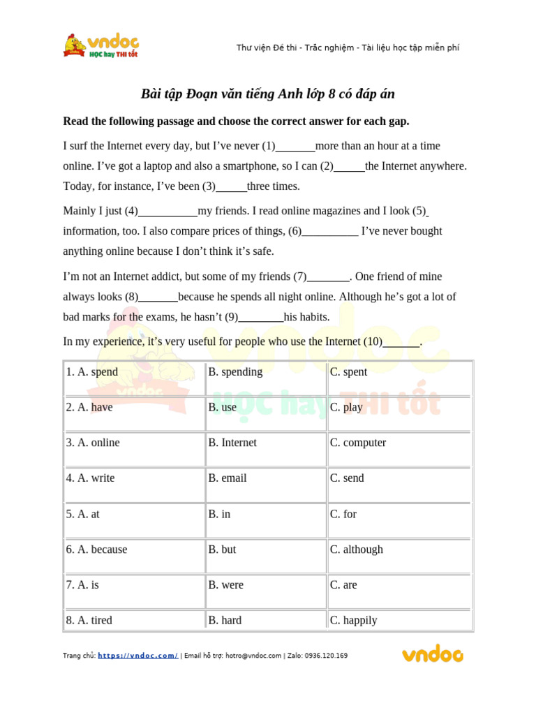 Bai Tap Doc Hieu Tieng Anh Lop 8 | PDF