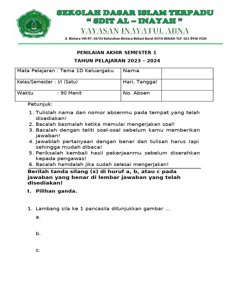 Penilaian Akhir Semester 1 Tema 1D KLS 1 2023-2024 | PDF