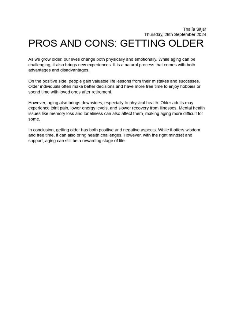 Pros and Cons - Getting Older EJEMPLO WRITTING | PDF