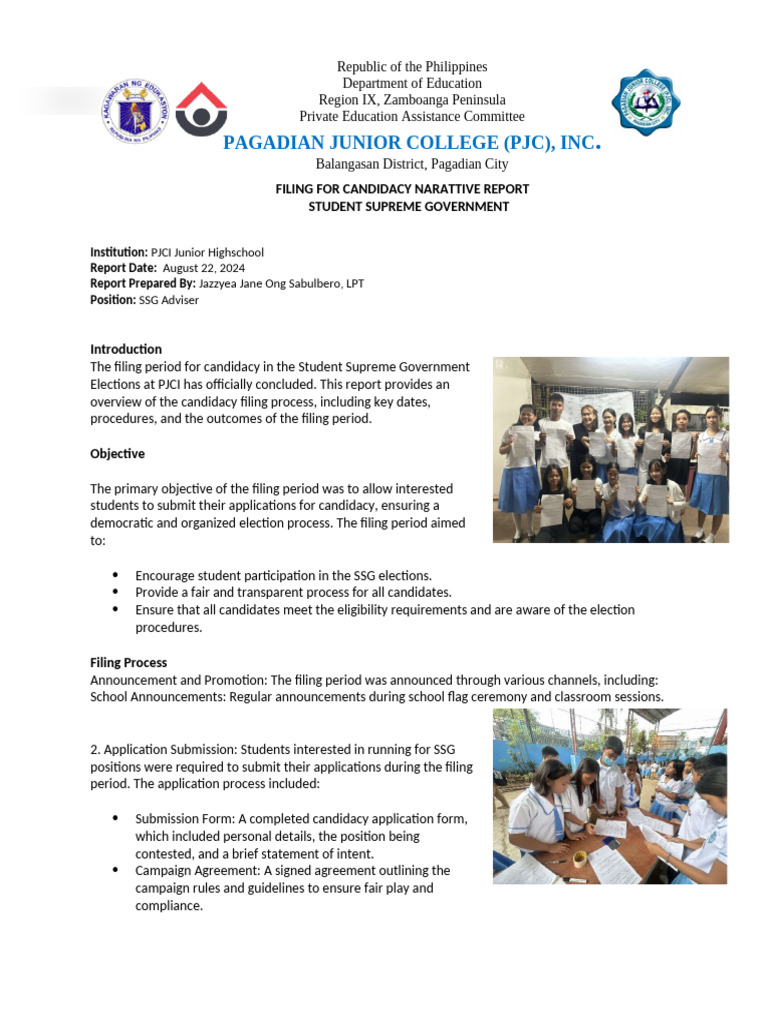 Filing For Candidacy Narrative Report | PDF