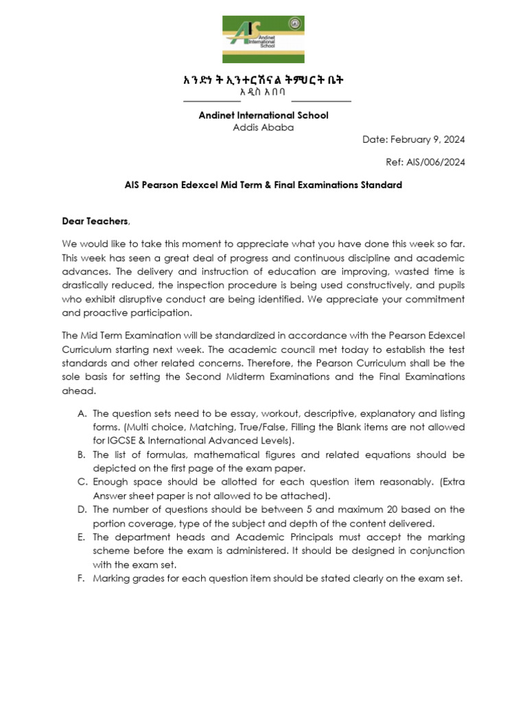 Notice To Teachers AIS Mid Term & Final Examination Standard | PDF ... Notice To Teachers AIS Mid Term & Final Examination Standard | PDF ...