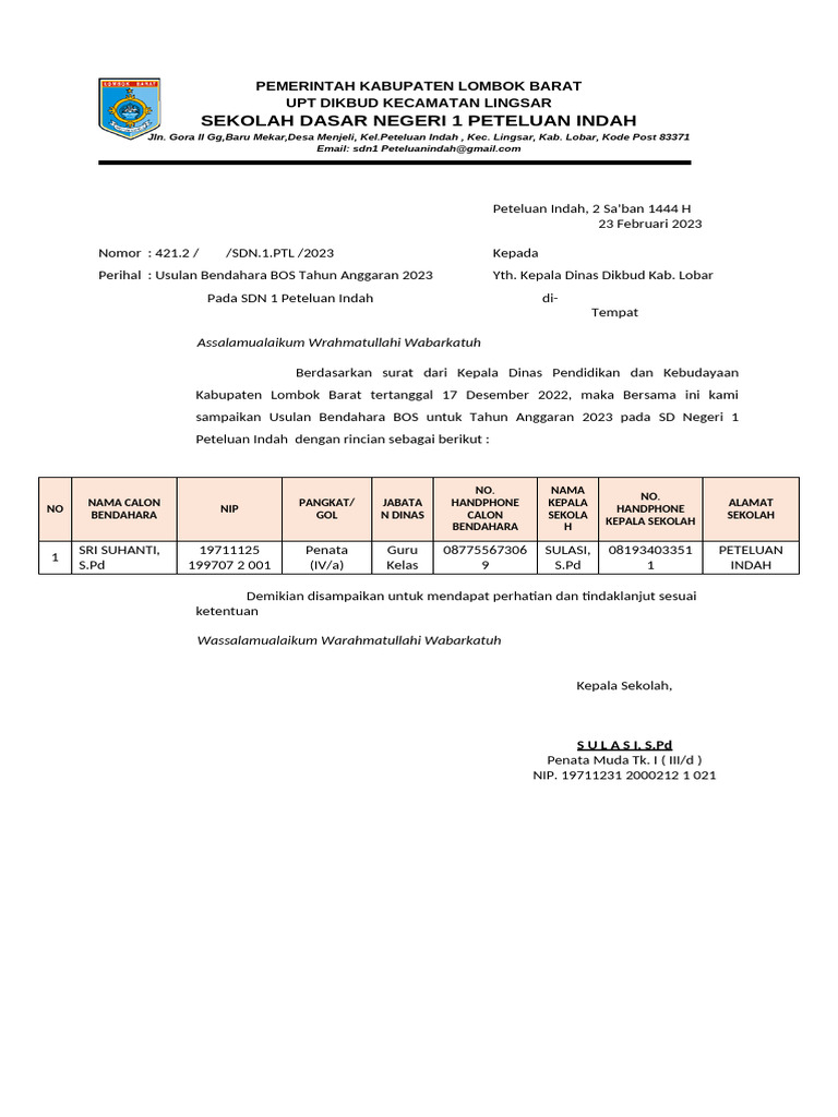 Data Usulan Bendahara Tahun 2023 SDN 2 Sigerongan | PDF