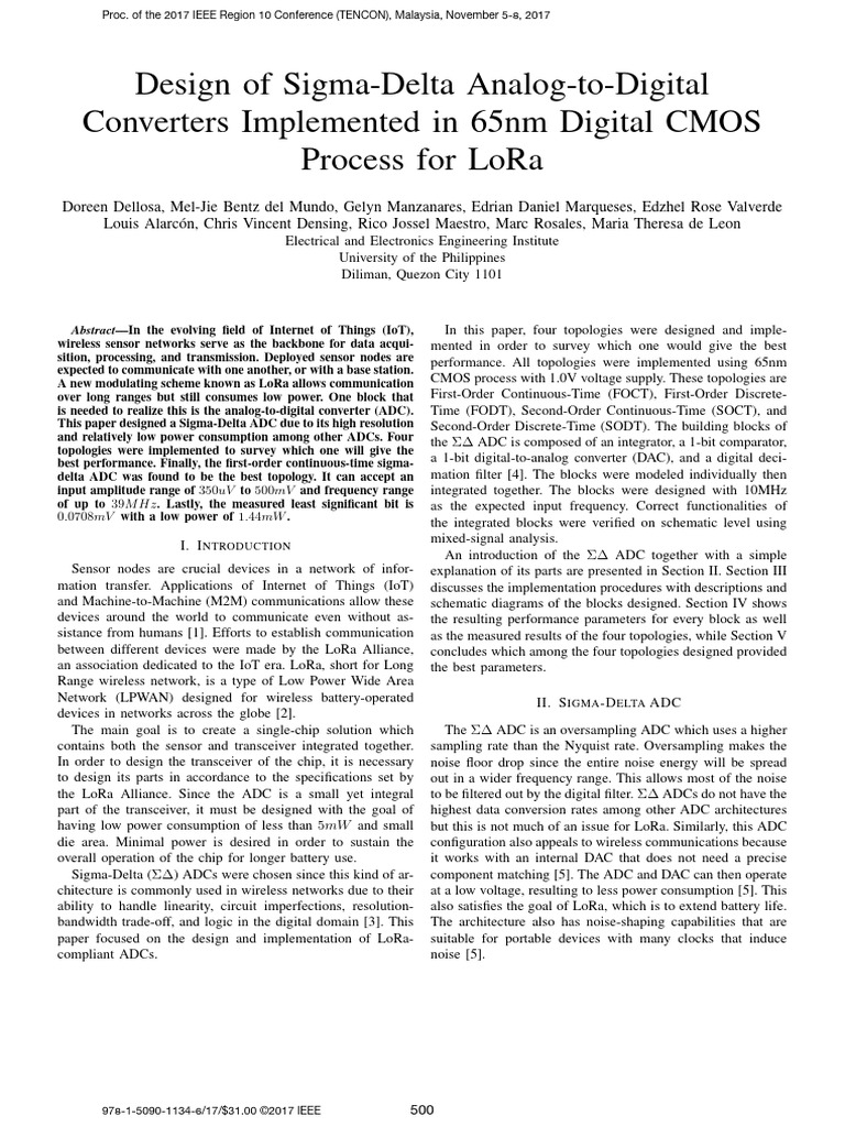 Design of Sigma-Delta Analog-To-Digital Converters Implemented in 65nm Digital CMOS Proce | PDF