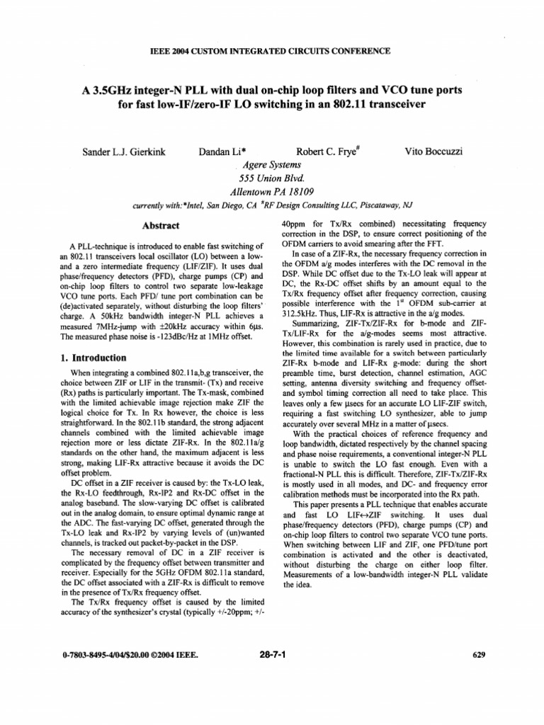 2004 - Integer - A 35ghz Integern PLL With Dual Onchip Loop Filters and Vco Tune | PDF