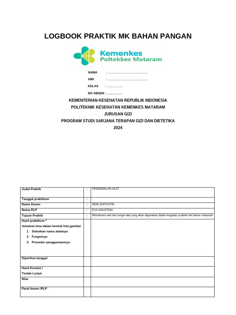 Logbook - Praktik - Pengenalan Alat - MK Bahan Pangan STRGZ | PDF