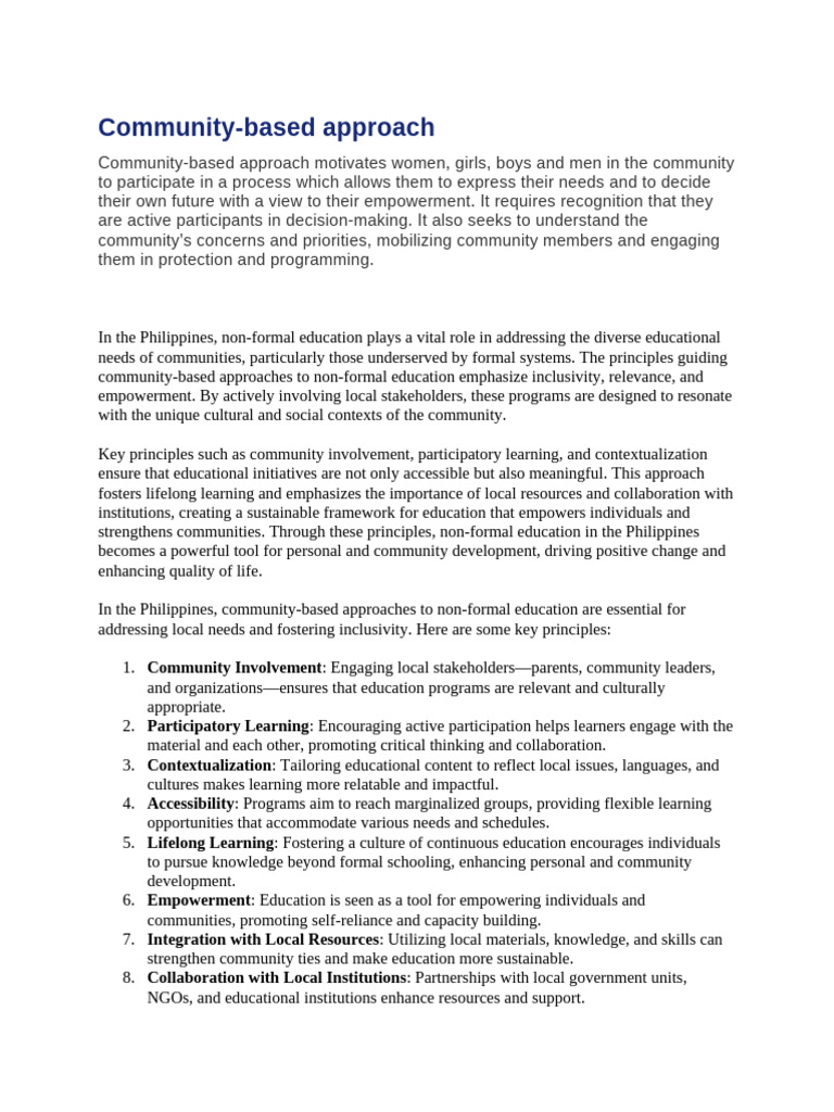 Principles in Community-Based Approach | PDF | Empowerment | Learning