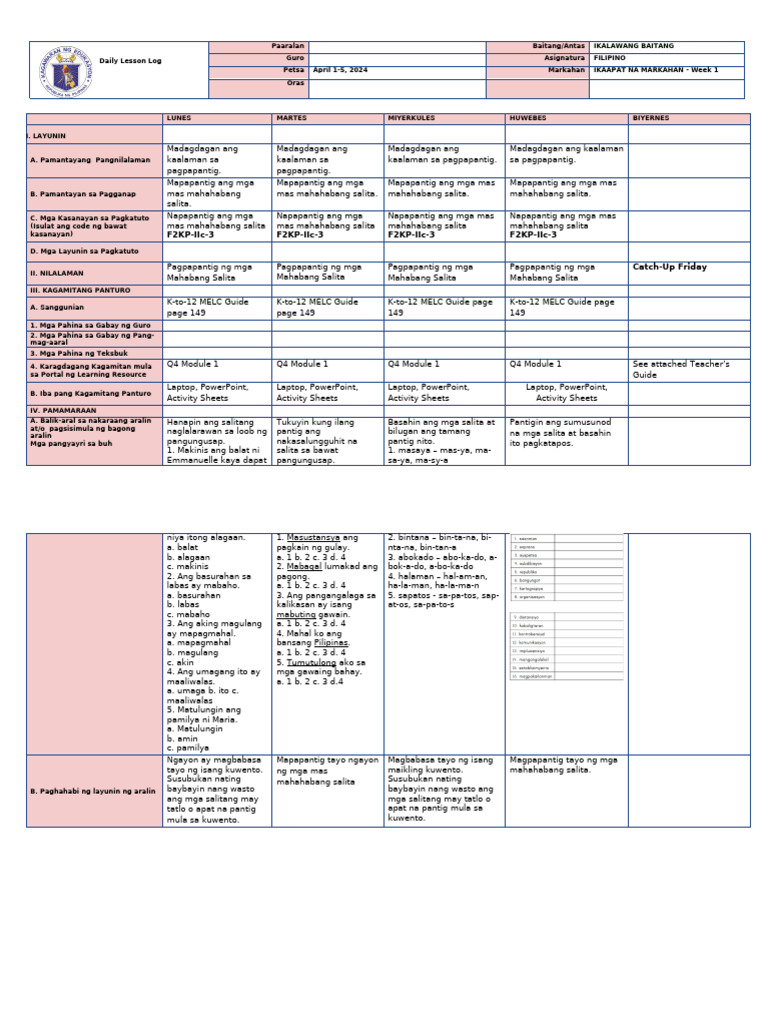 q4 Week1 DLL Filipino 2 | PDF