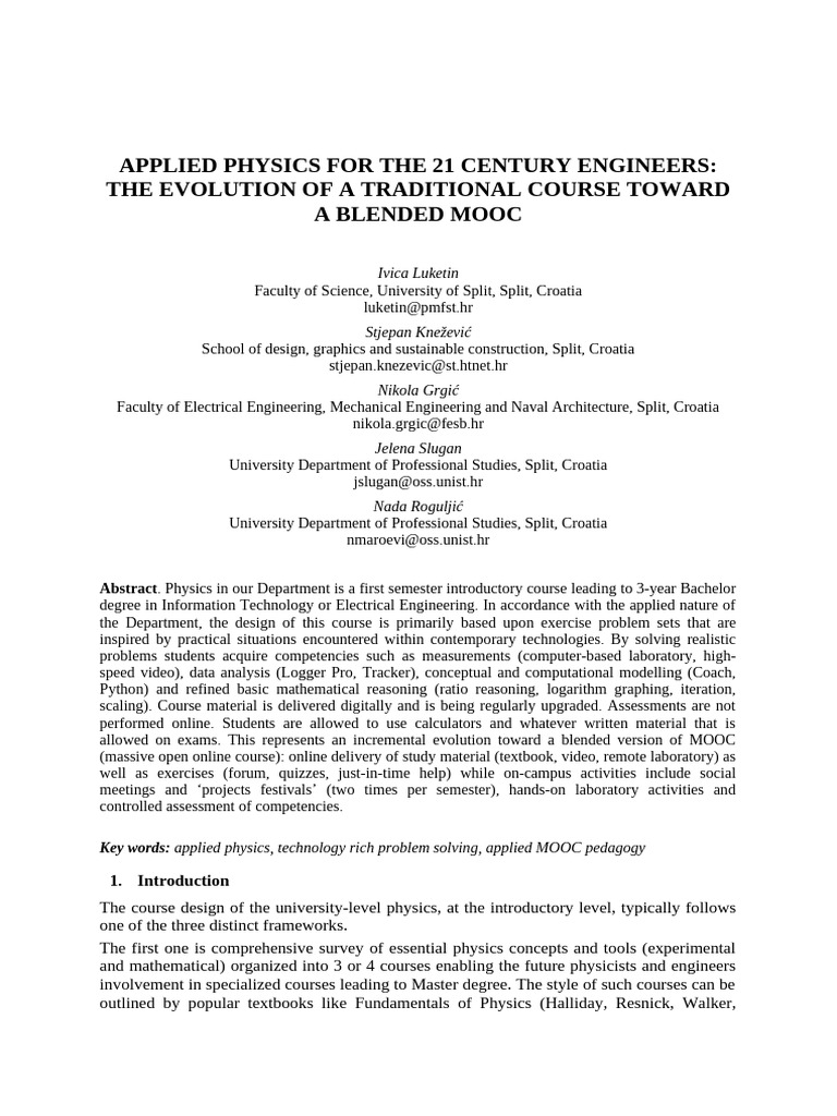 Applied Physics For 21. Century Engineers - Evolution of Traditional Course Towards Blended MOOC ...