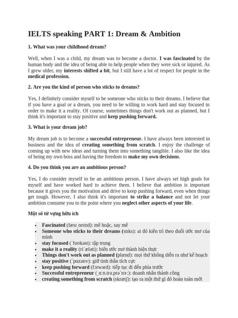IELTS Speaking Deam & Ambition | PDF | Motivation | Motivational