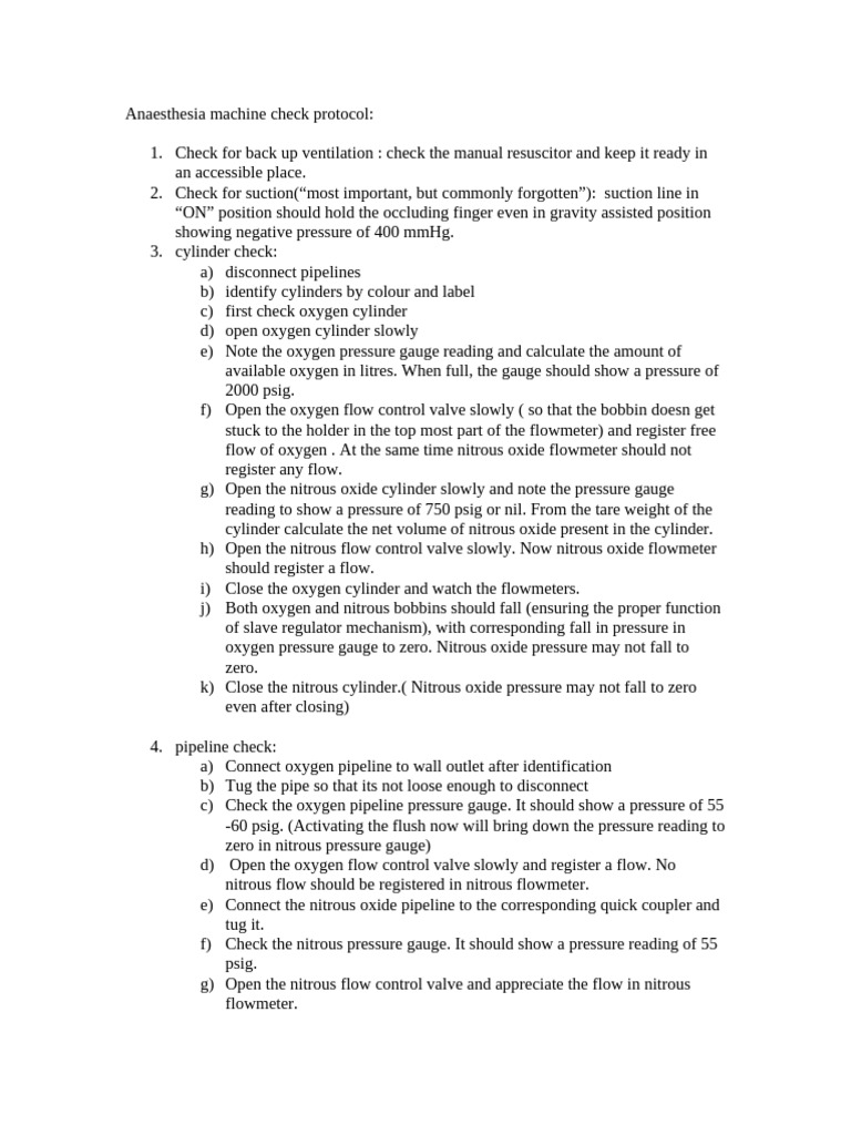 Anaesthesia Machine Check Protocol Ish | PDF