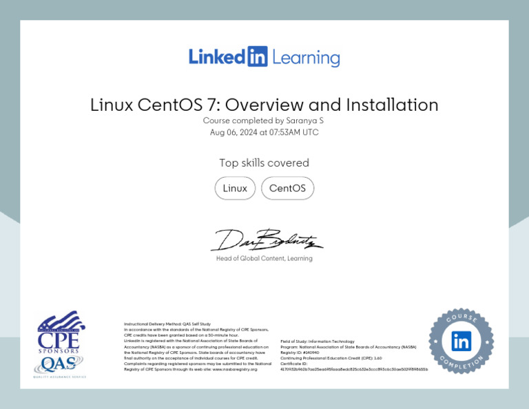 CertificateOfCompletion - Linux CentOS 7 Overview and Installation | PDF