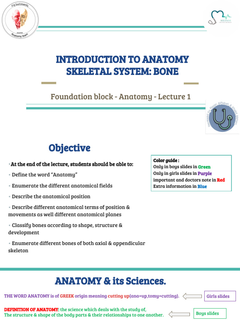 Lecture (1) Introduction to Anatomy Skeletal System_ Bone | PDF