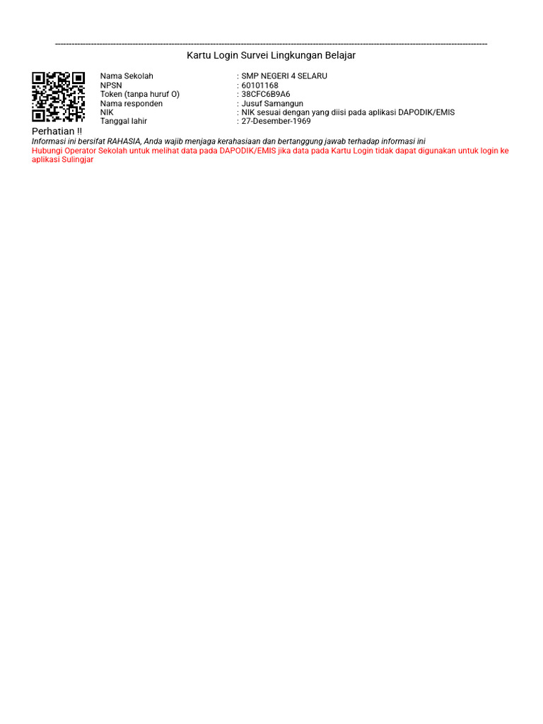 Kartu Login Satuan Jusuf Samangun SMP NEGERI 4 SELARU | PDF