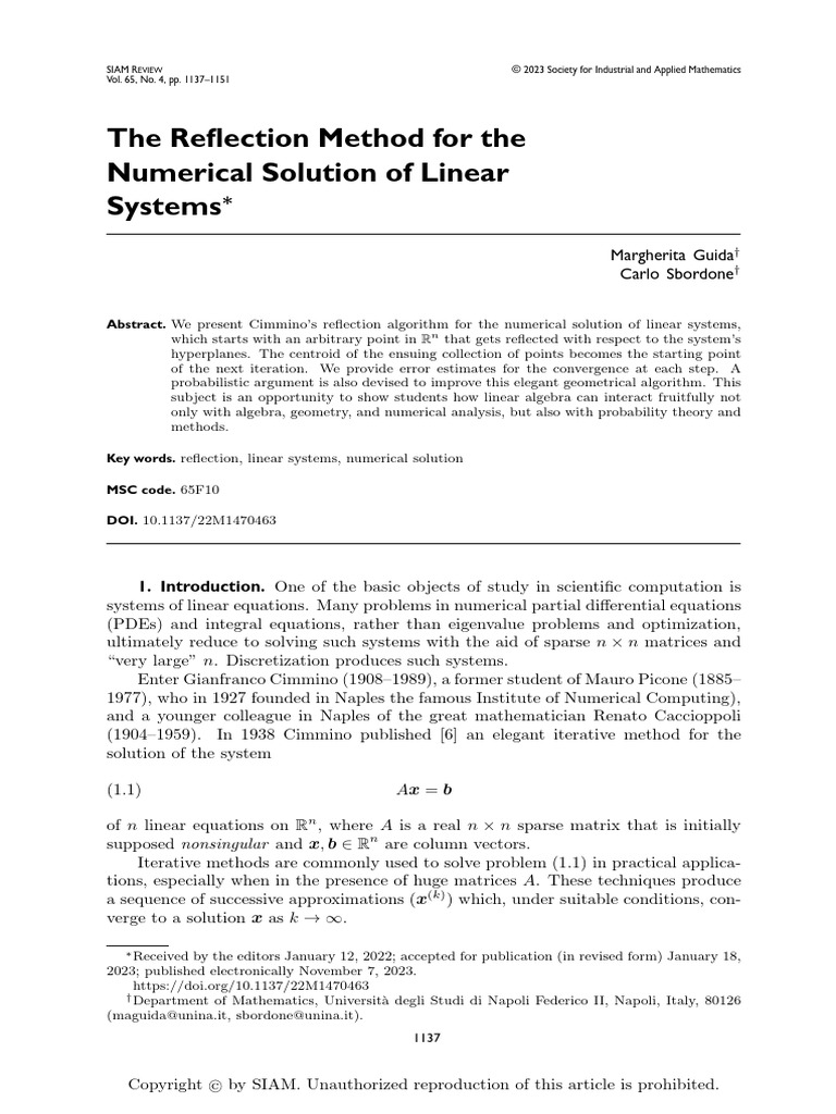 The Reflection Method For The Numerical | PDF | Numerical Analysis | System Of Linear Equations