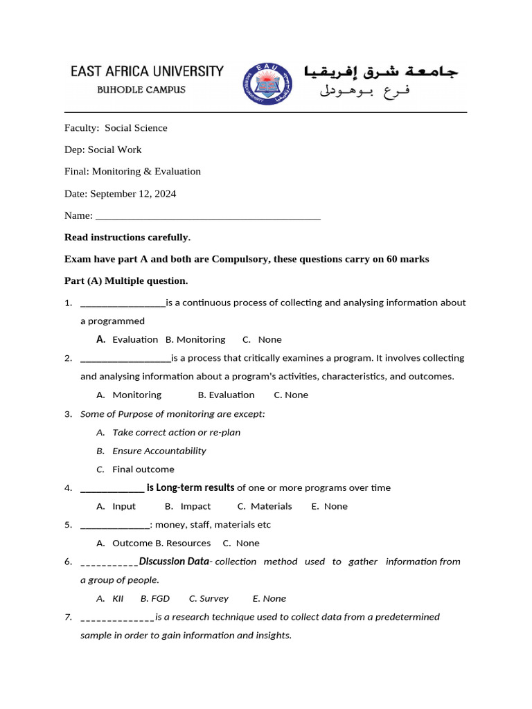 Final Exam of Monitoring & Evalation | PDF | Information | Career & Growth