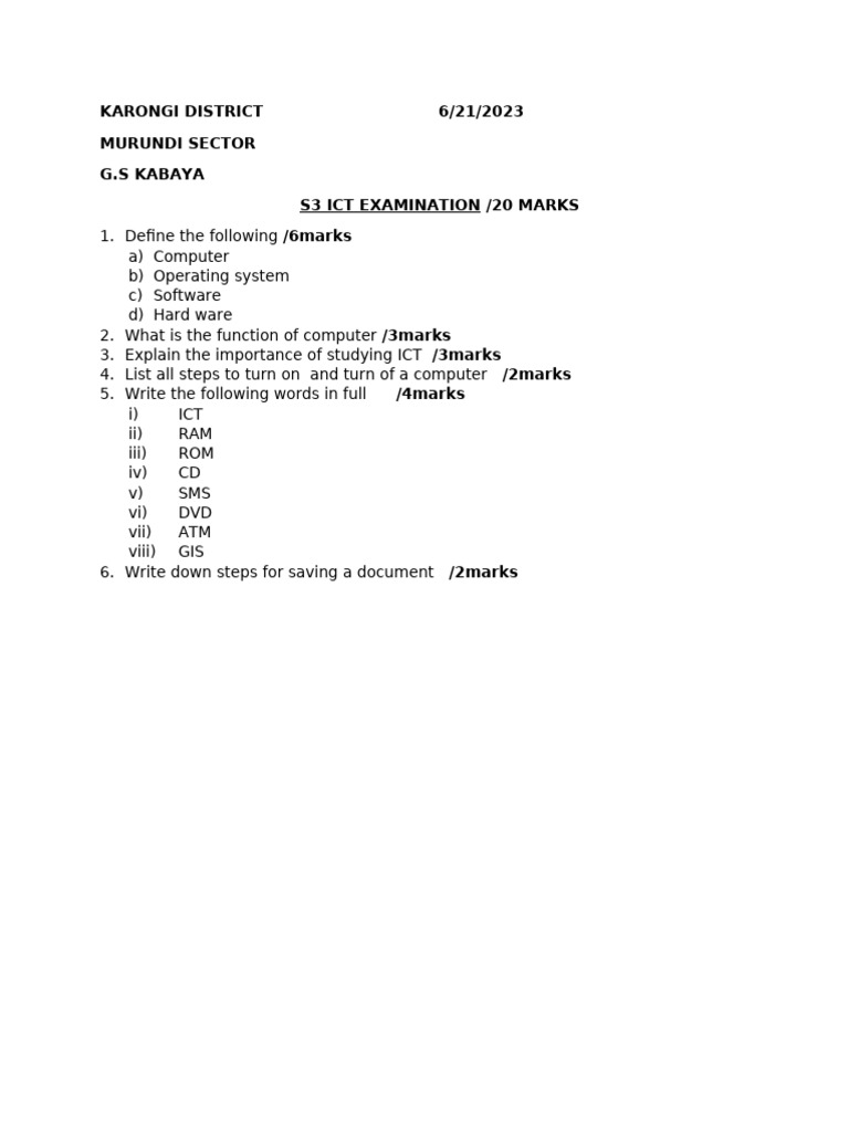 S3 ICT Exam | PDF