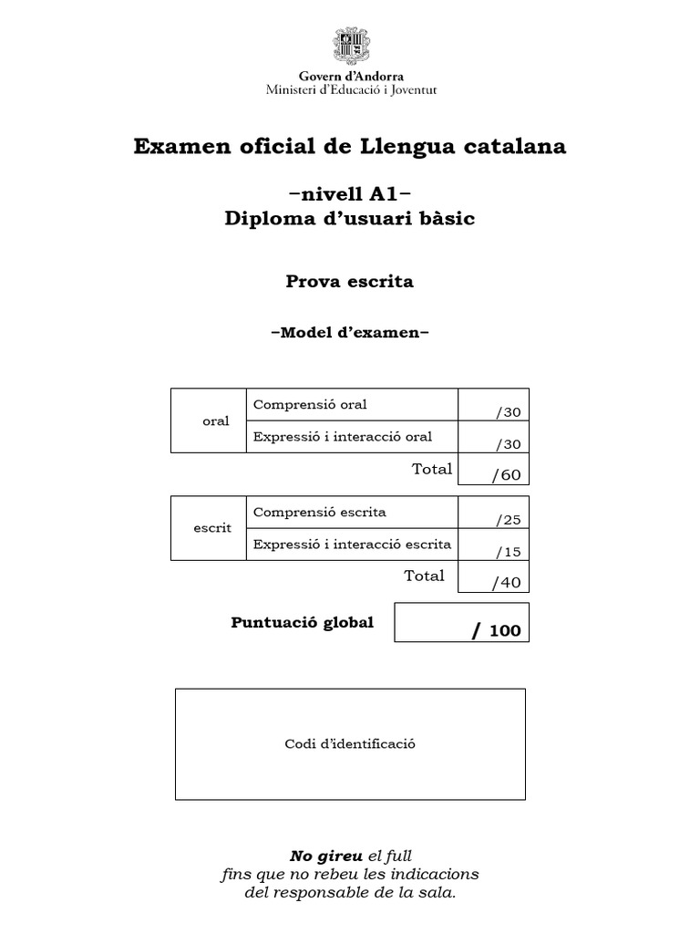 Model Examen Escrit-Nivell A1 | PDF