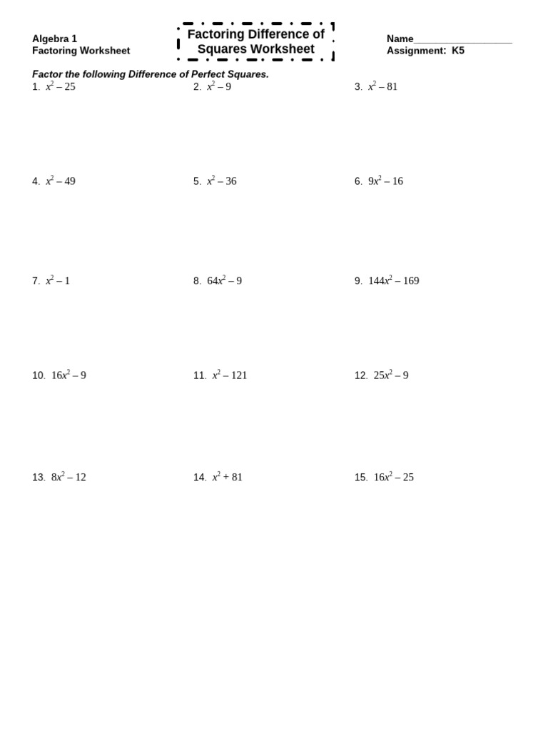 Factoring Difference of Squares Worksheet | PDF