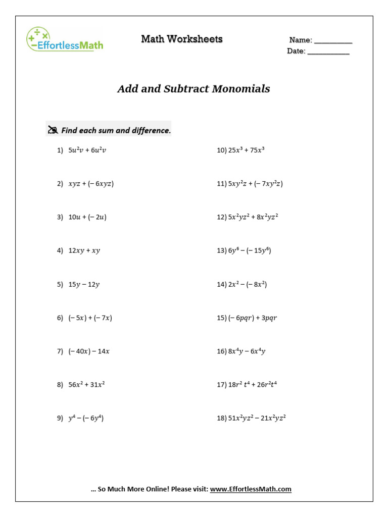 Add and Subtract Monomials | PDF