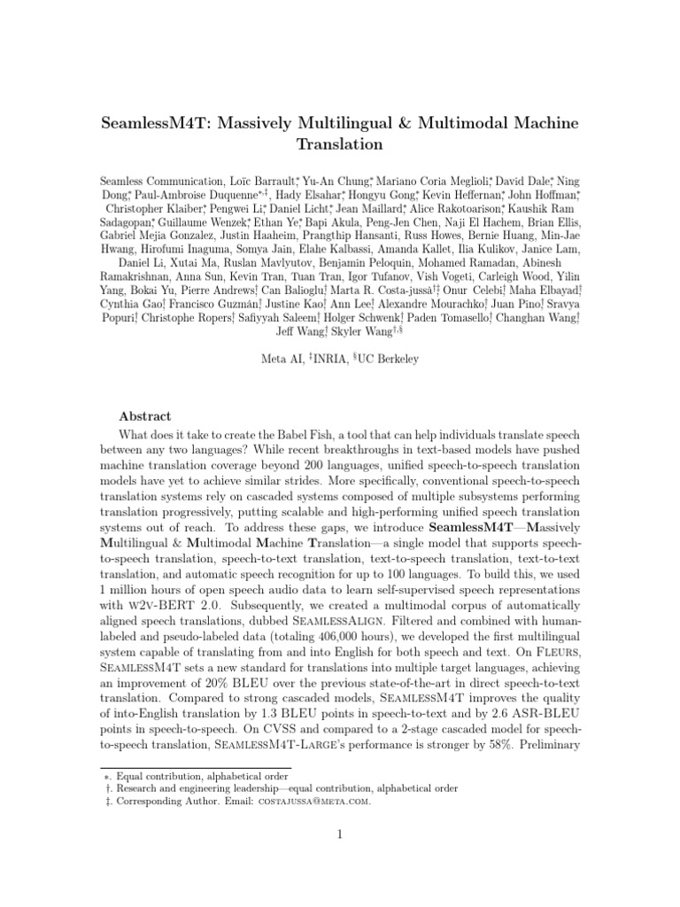 SeamlessM4T_Massively Multilingual & Multimodal Machine Research Paper | PDF | Speech ...