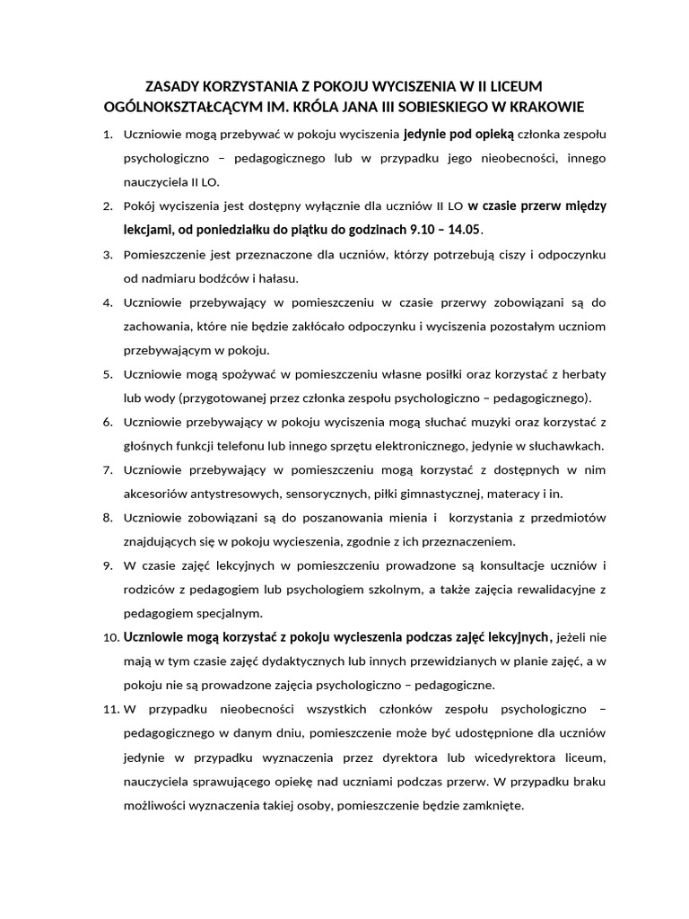 Zasady Korzystania Z Pokoju Wyciszenia W Ii Liceum Ogólnokształcącym Im | PDF