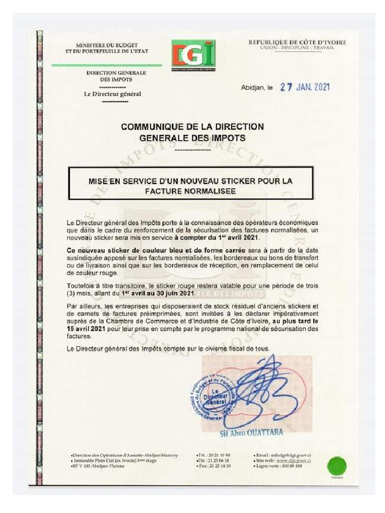 Communiqué DGI - Nouveau Sticker | PDF