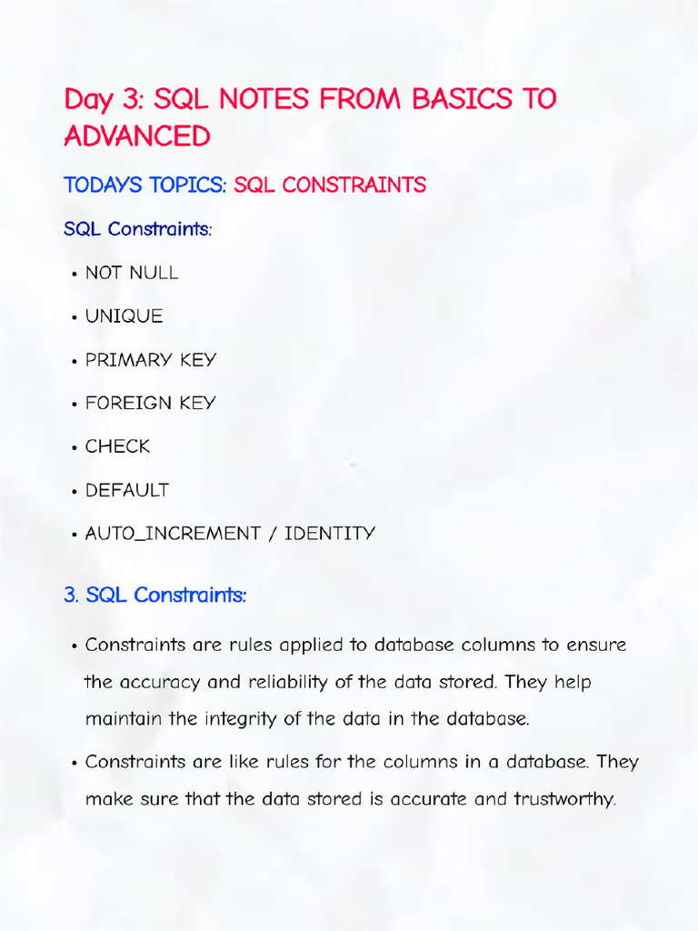 Day 3 SQL Short Notes (SQL Constraints) | PDF