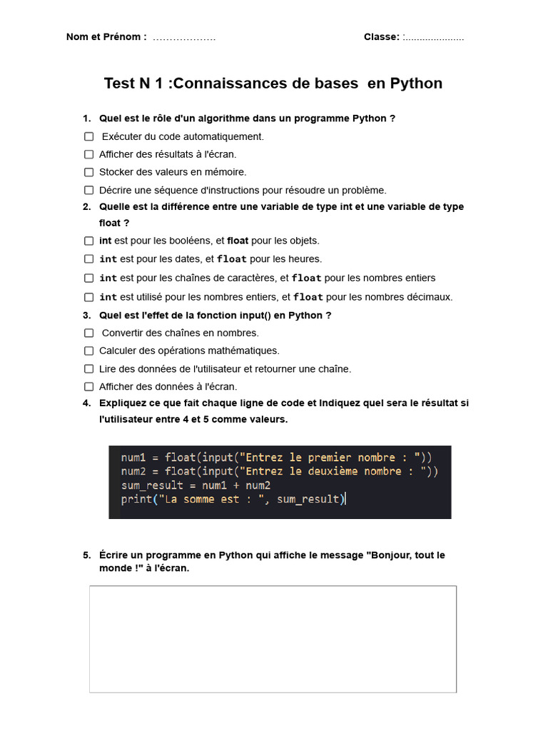 Teste Python n1 Sur Les Algorithme, La Foction Print Et Input | PDF