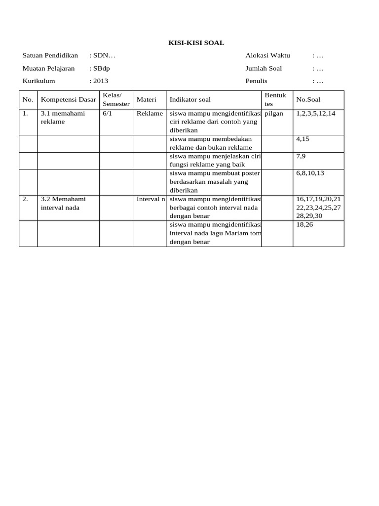Kisi-Kisi Dan Soal SBDP Kls 6 PTS 2021-2022 | PDF