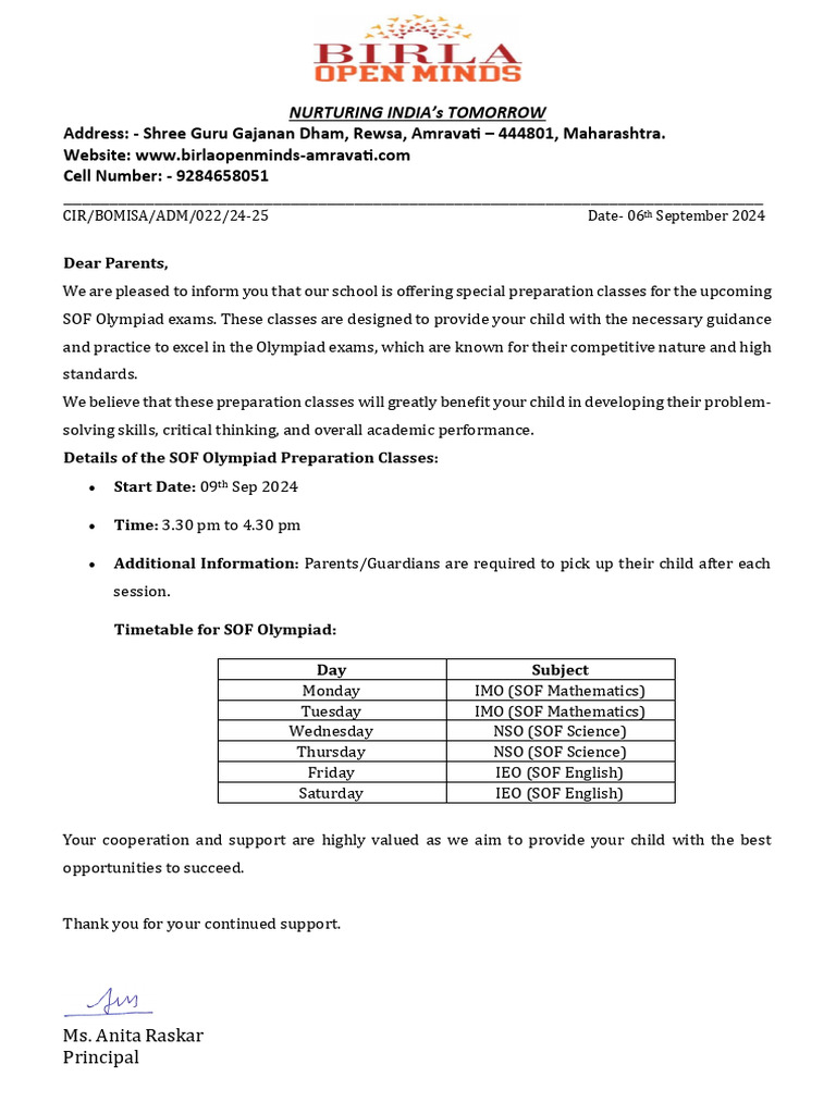 Timetable For SOF Olympiad Classes | PDF