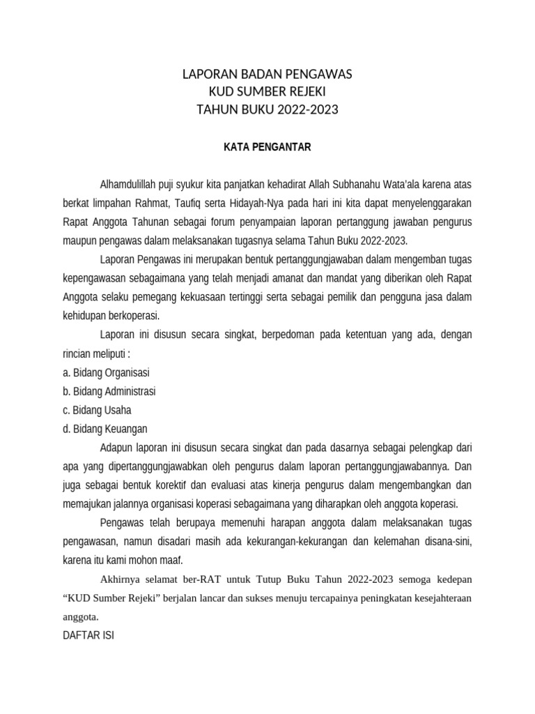 Contoh Laporan Pengawas Koperasi Edit | PDF