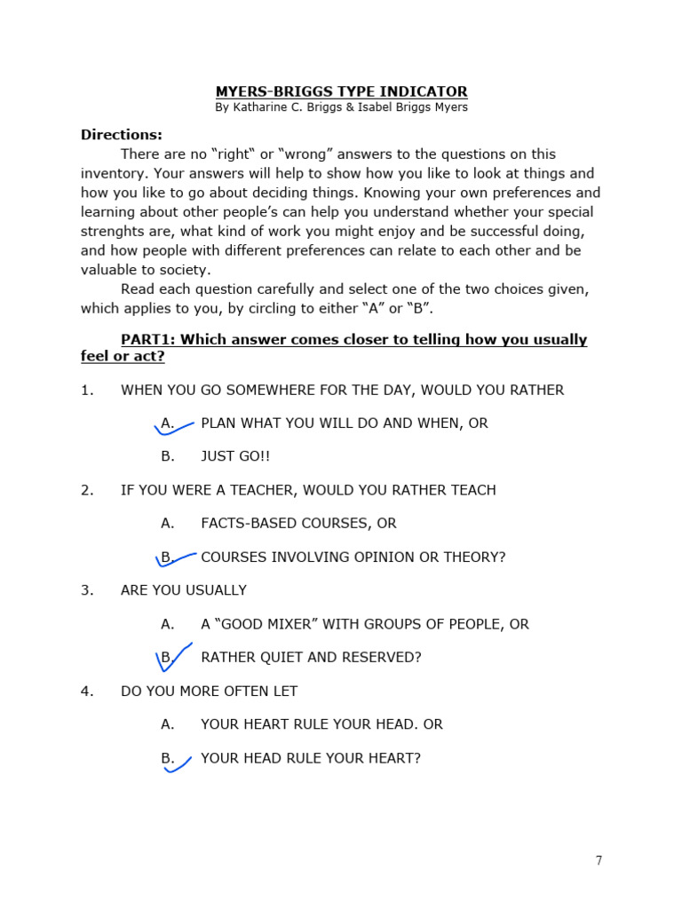 Myers Briggs Personality Test | PDF