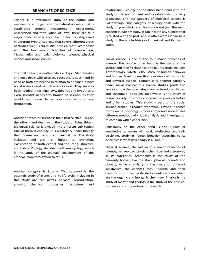 Gec108 - Branches of Science | PDF | Social Sciences | Science