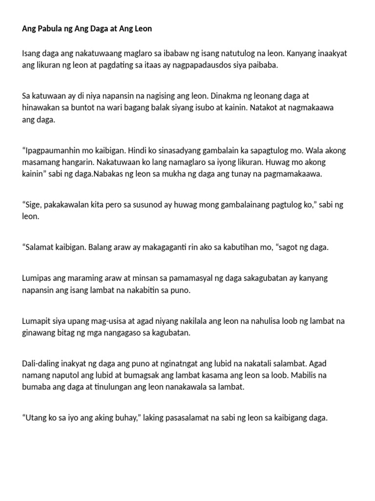 Ang Pabula NG Ang Daga at Ang Leon | PDF