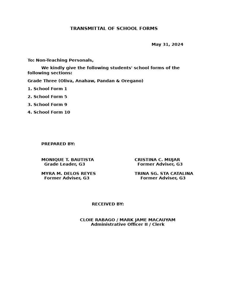 Transmittal of School Form | PDF