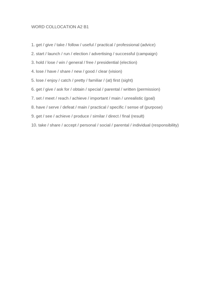 Word Collocation A2 b1 | PDF