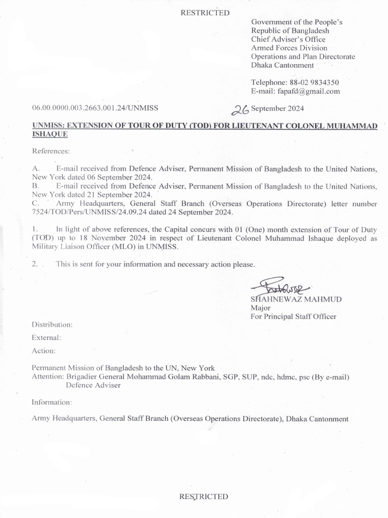 Unmiss - Extension of Tour of Duty (Tod) For Lieutenant Colonel ...