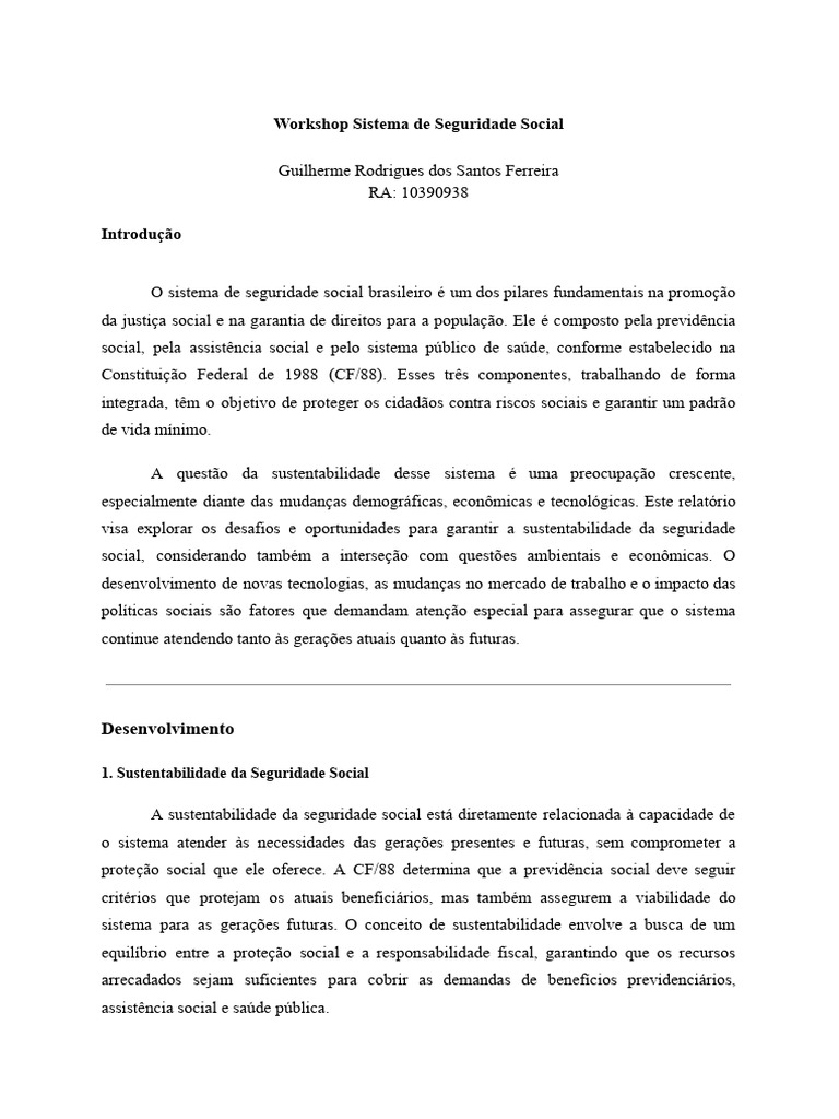 Relatório - Workshop Sistema de Seguridade Social | PDF