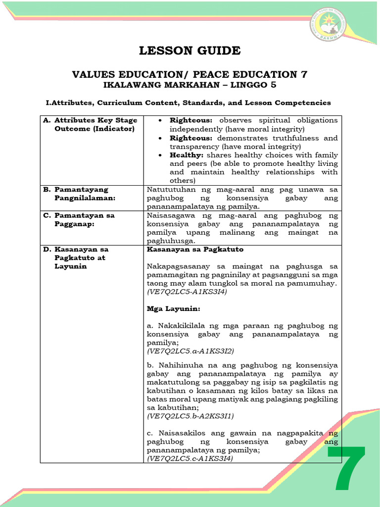 Lesson Guide: Values Education/ Peace Education 7 | PDF