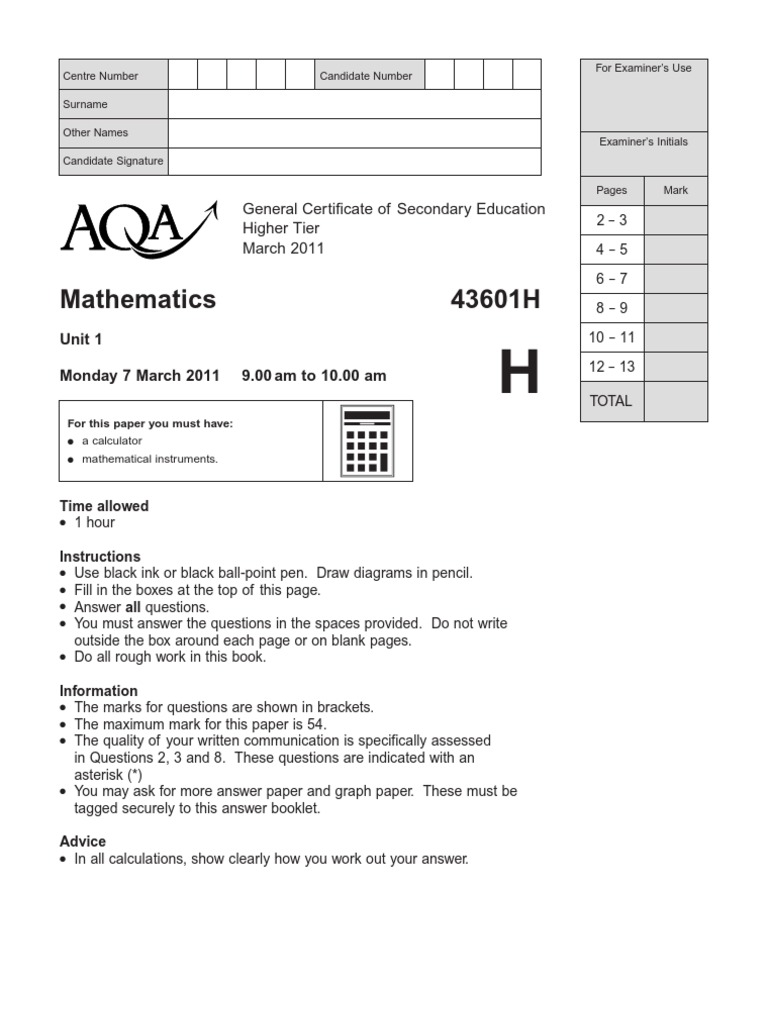 Unit 1 H March 2011 | PDF | Test (Assessment) | Teaching Mathematics