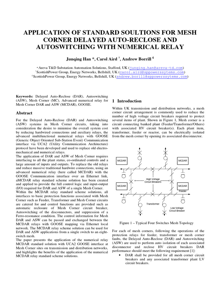 Application of Standard Solutions For Mesh Corner Delayed Auto-Reclose ...