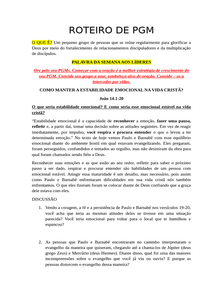 Roteiro de PGM Como Manter A Estabilidade Emocional Na Vida Cristã | PDF