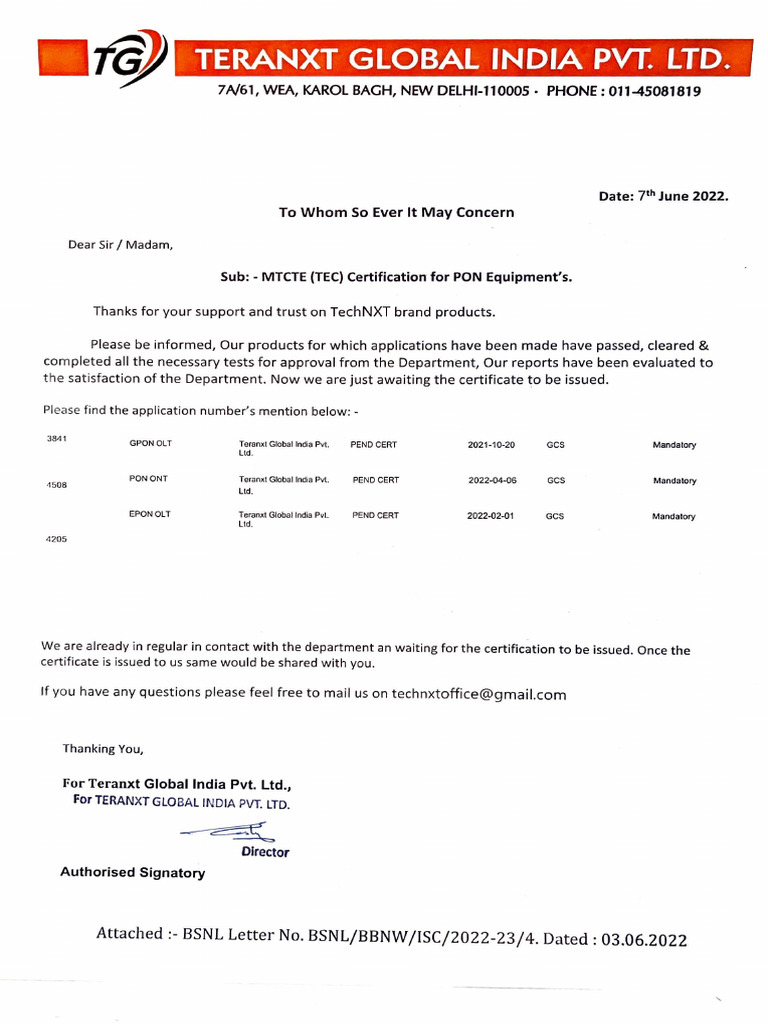 BSNL MTCTE Technxt Certificate | PDF