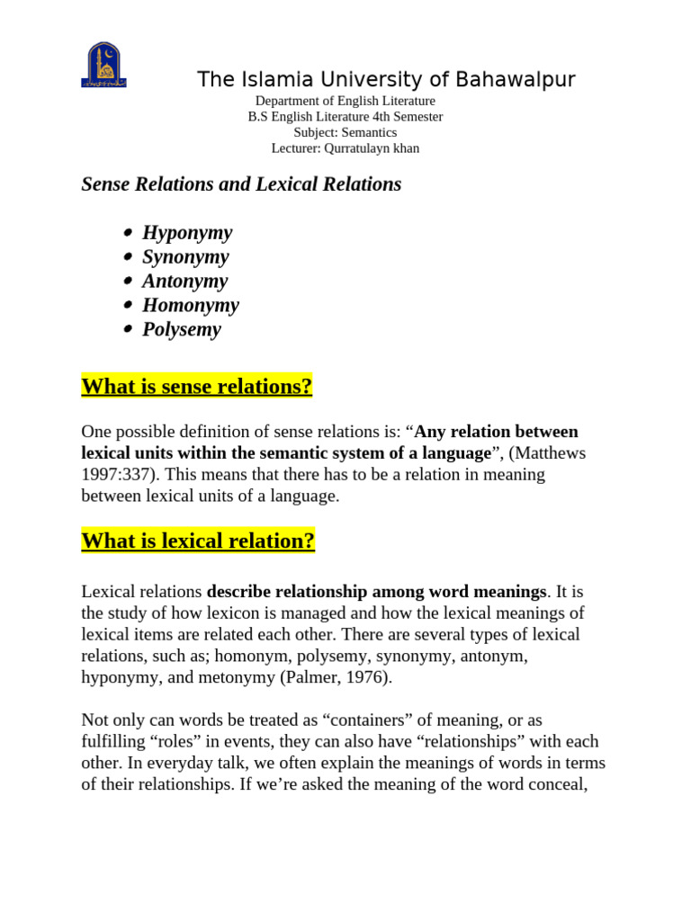 BS 4th Semantics Sense Relations and Lexical Relations by Qurratulayn Khan | PDF | Lexical ...