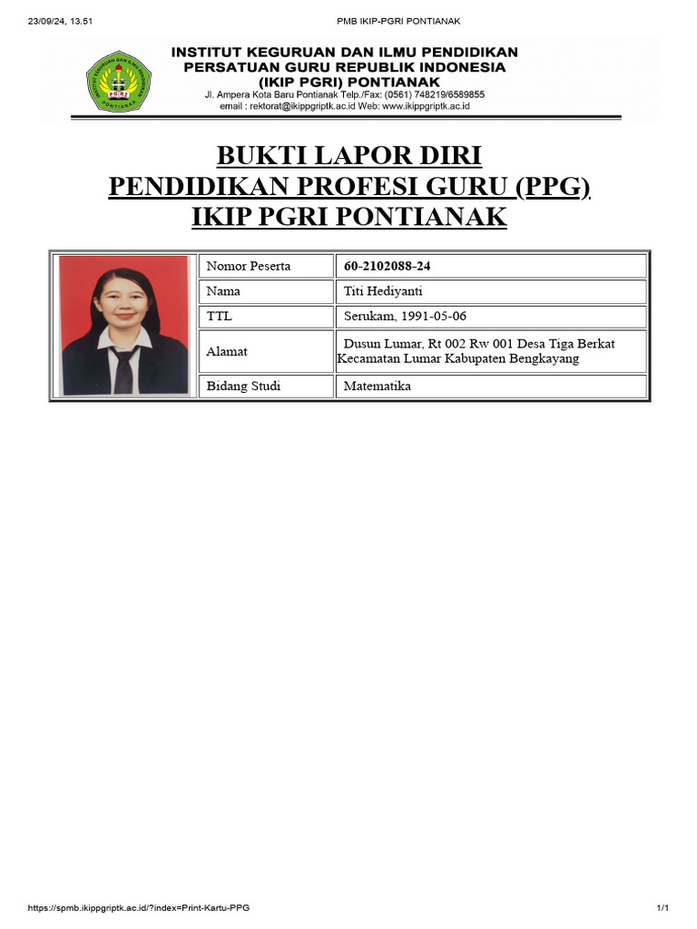 Bukti Lapor Diri IKIP-PGRI PONTIANAK Titi | PDF