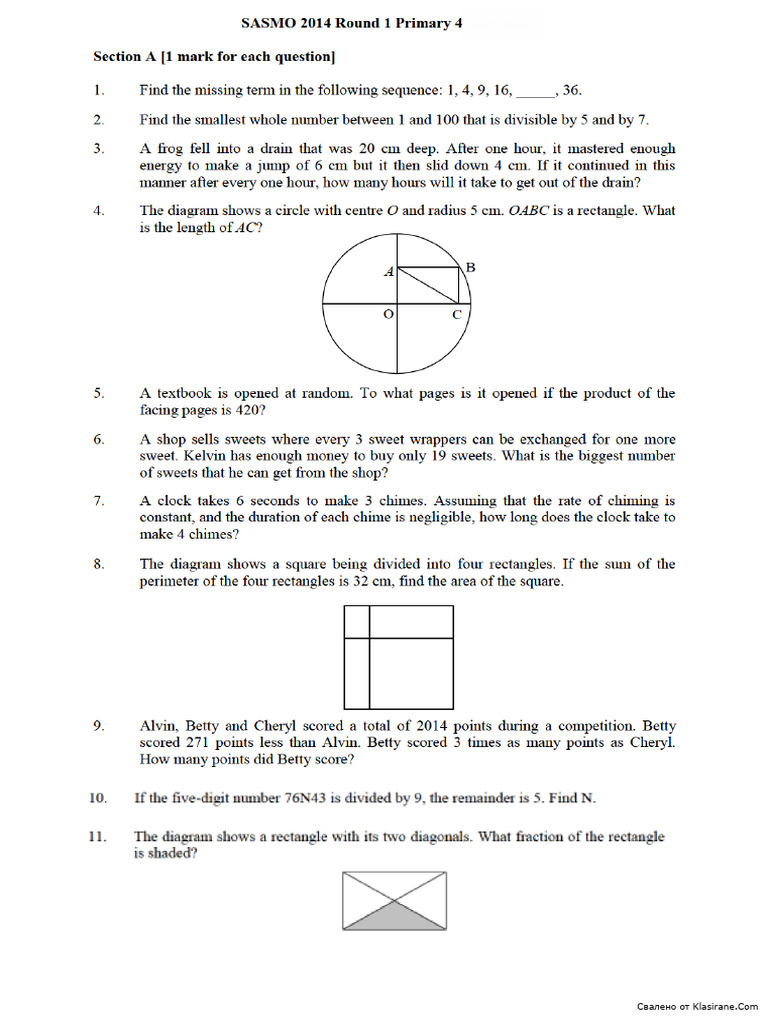 Sasmo Grade 4 Past Paper 2014-2018 | PDF | Area
